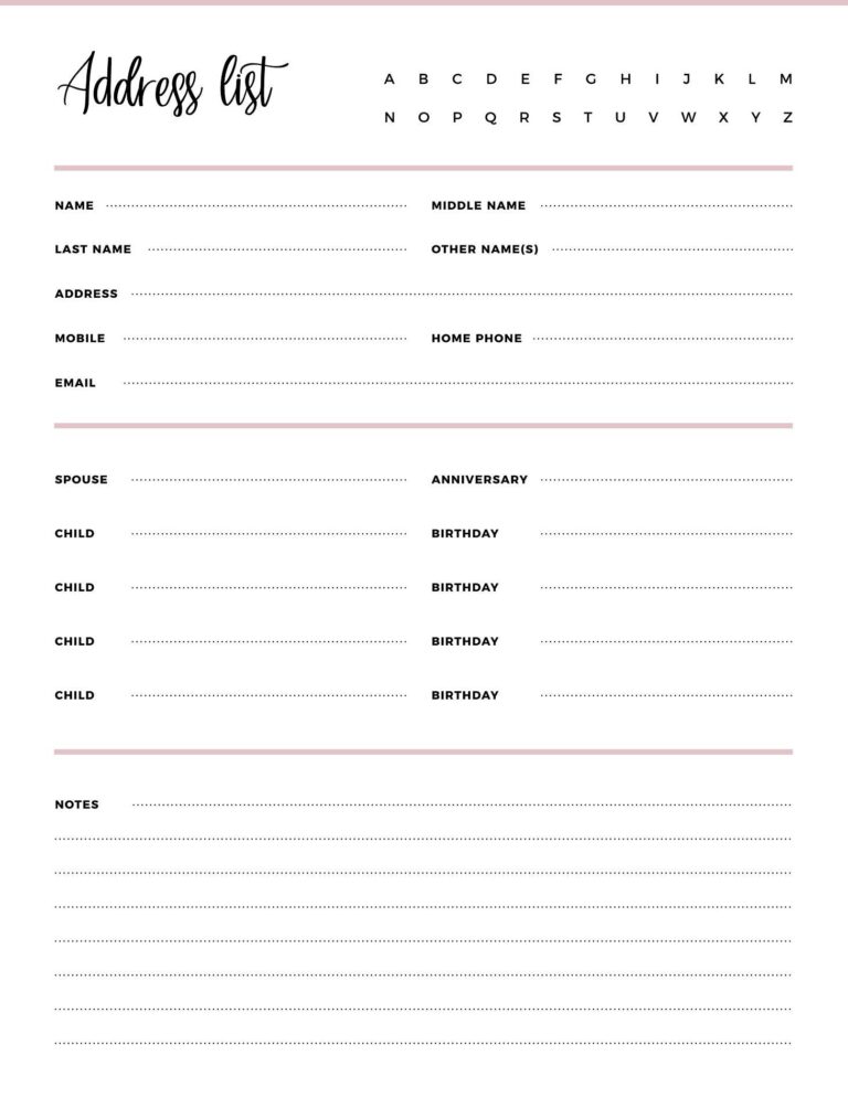 Free Printable Address List Template