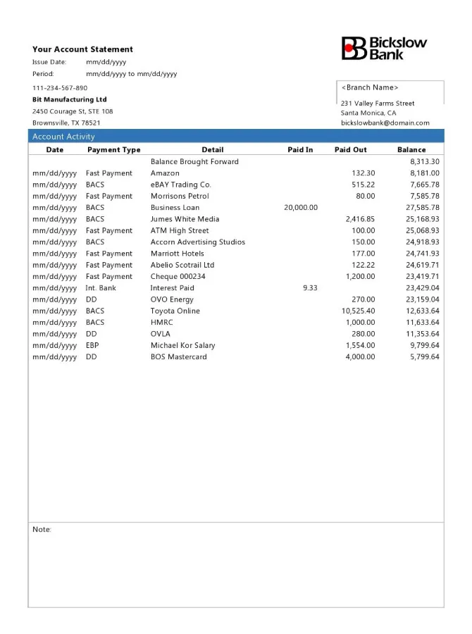 Free Bank Statement Template