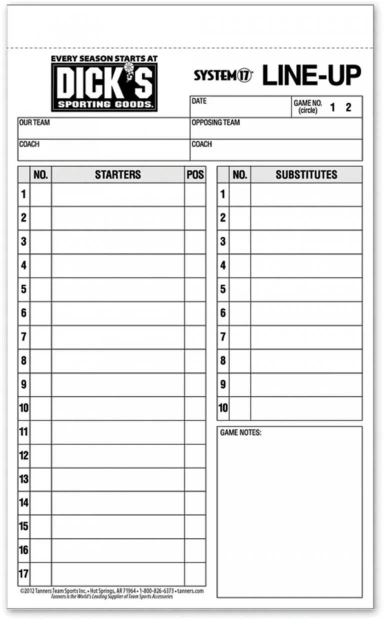 Printable Baseball Lineup Card Template