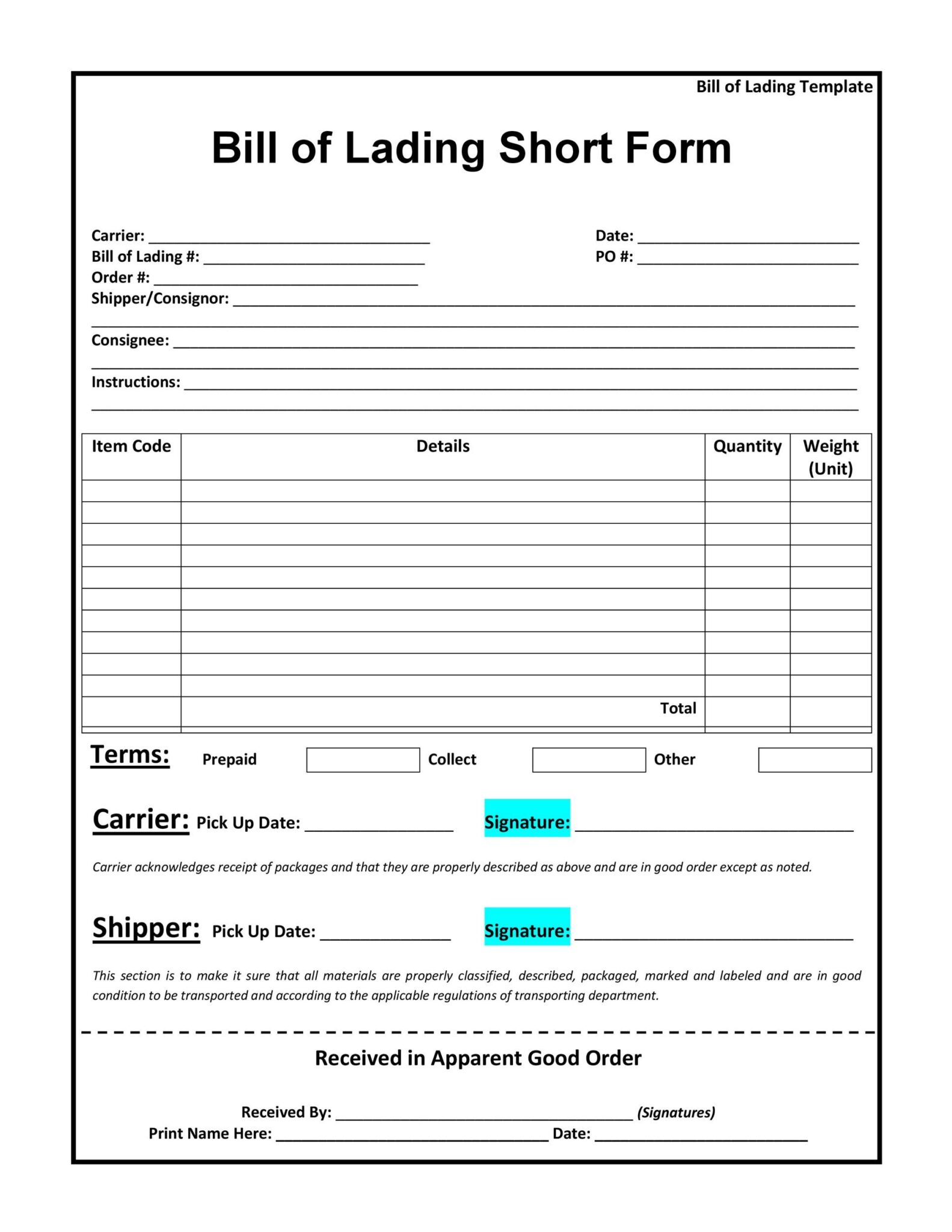 Free Printable Generic Bill of Lading Form