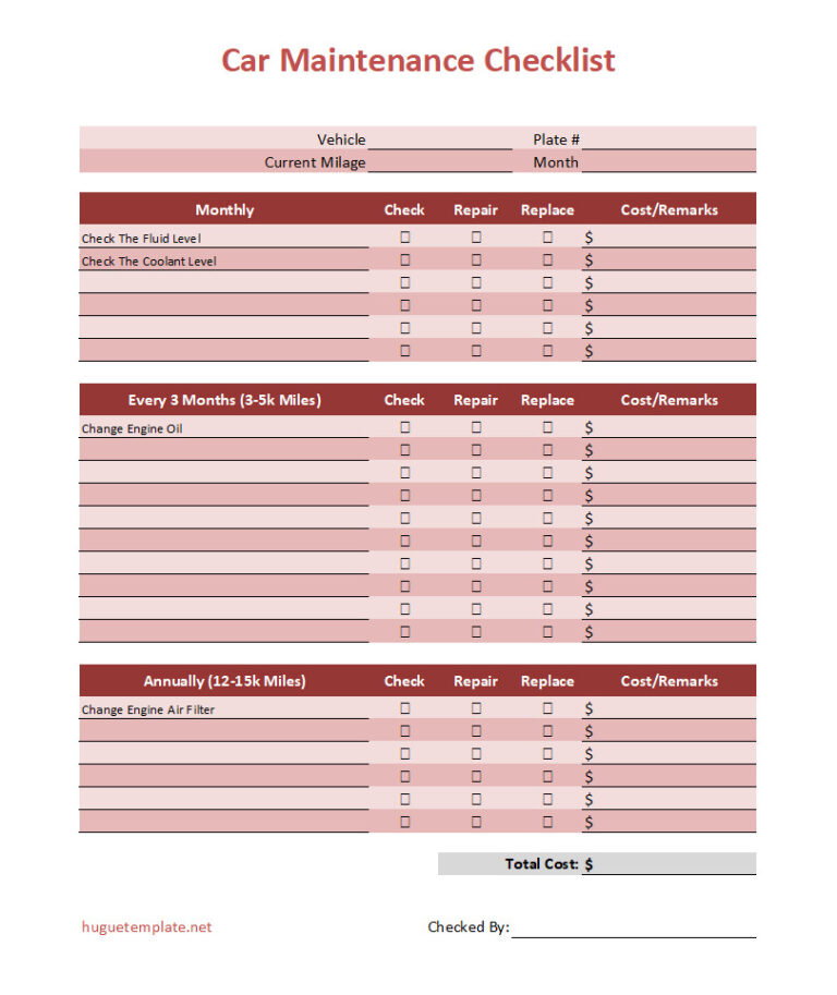 Printable Car Maintenance Checklist Template