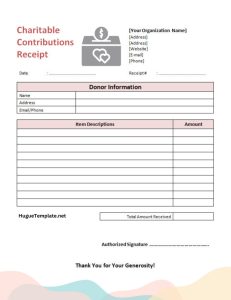 Printable Charitable Contributions Receipt Template