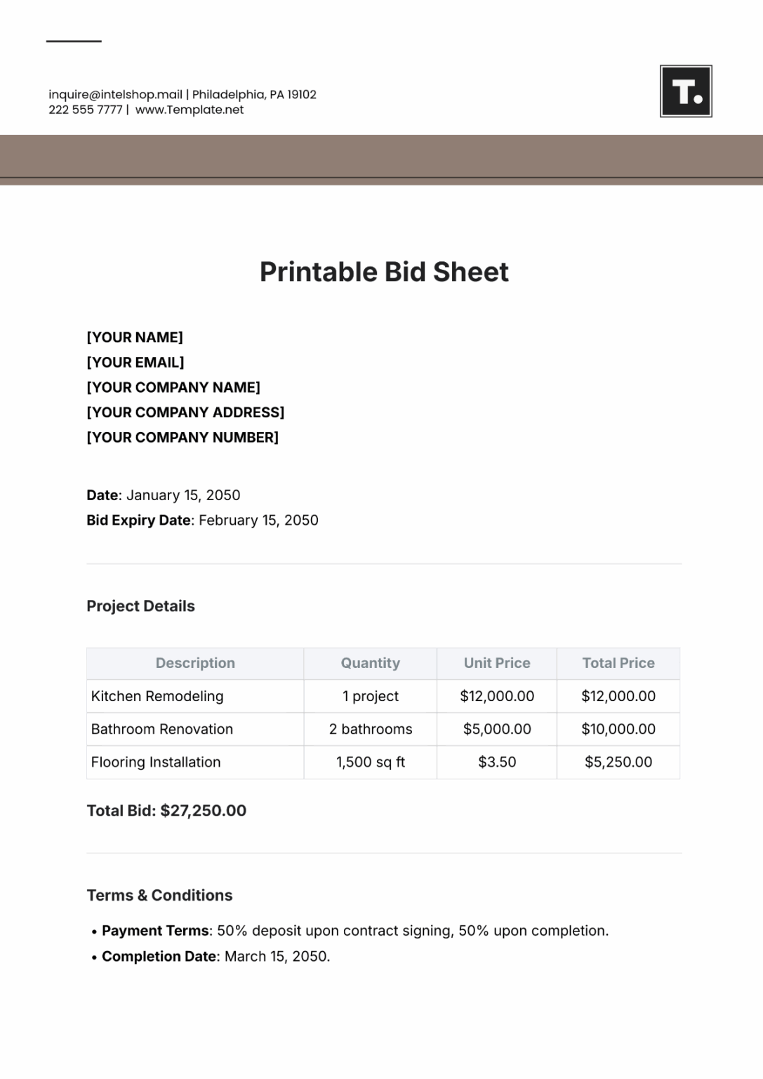 Construction Bid Sheet Template (Excel)