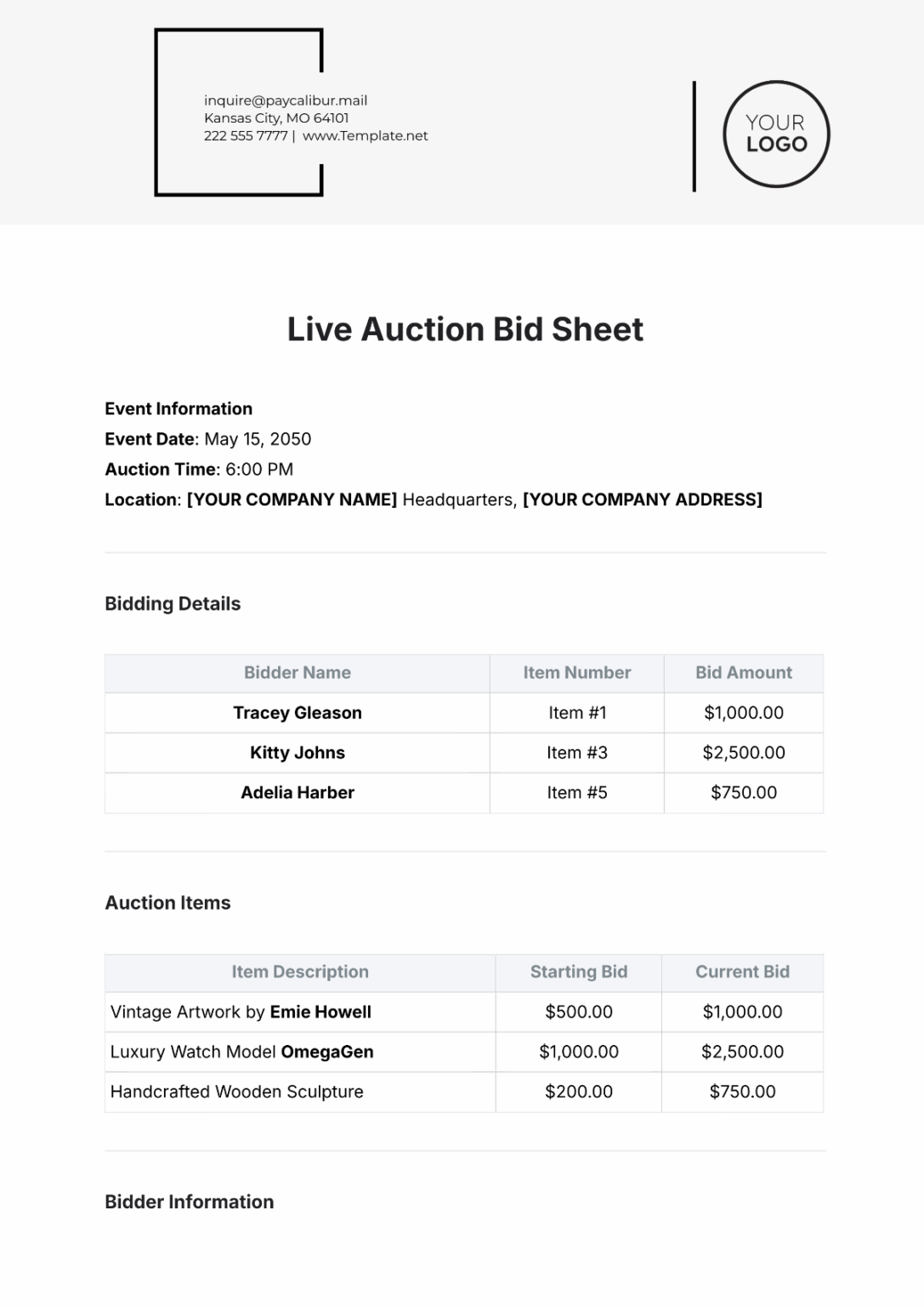Contractor Bid Sheet Template (Excel)