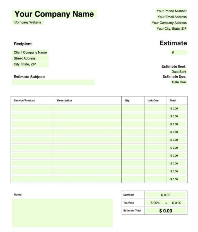 Free Printable Contractor Estimate Form