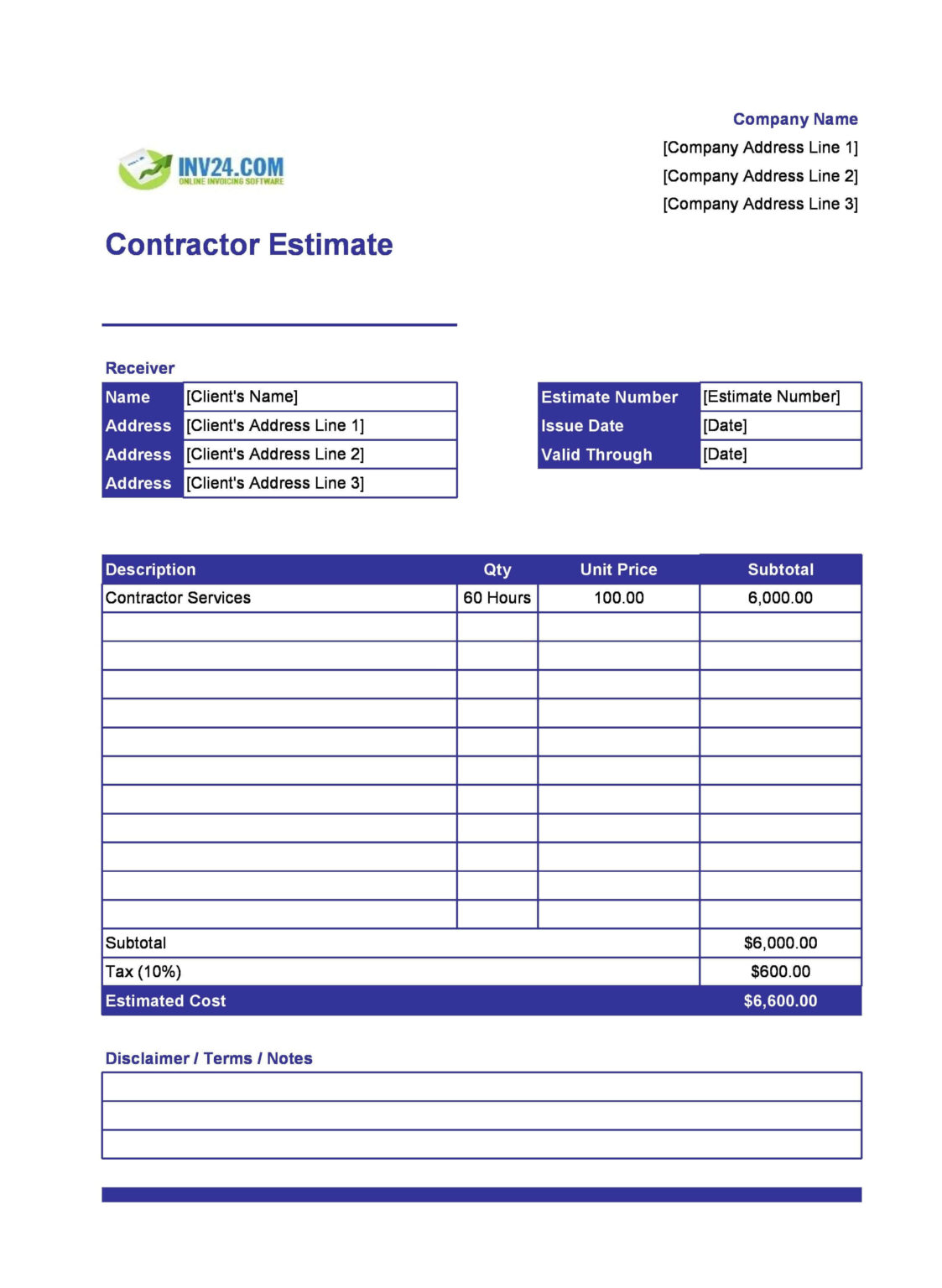 Printable Contractor Estimate Template