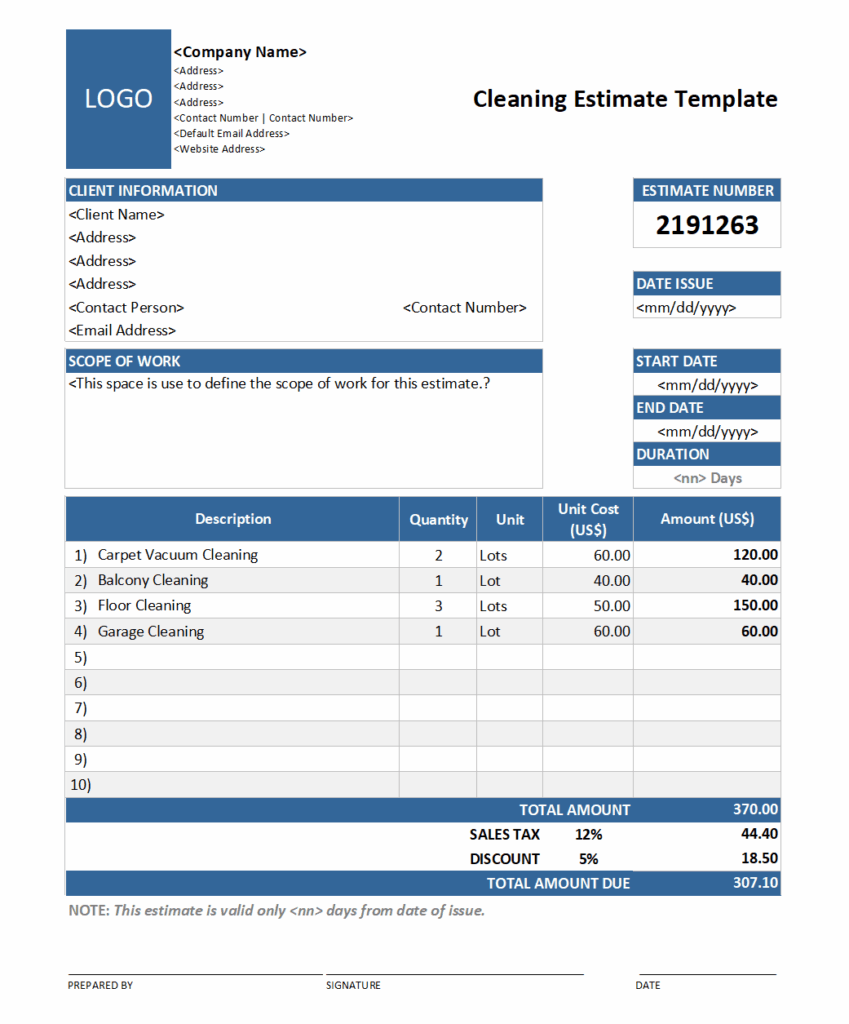 Printable Contractor Estimate Template