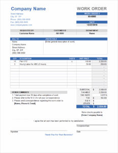 Custom Work Order Form (Excel)
