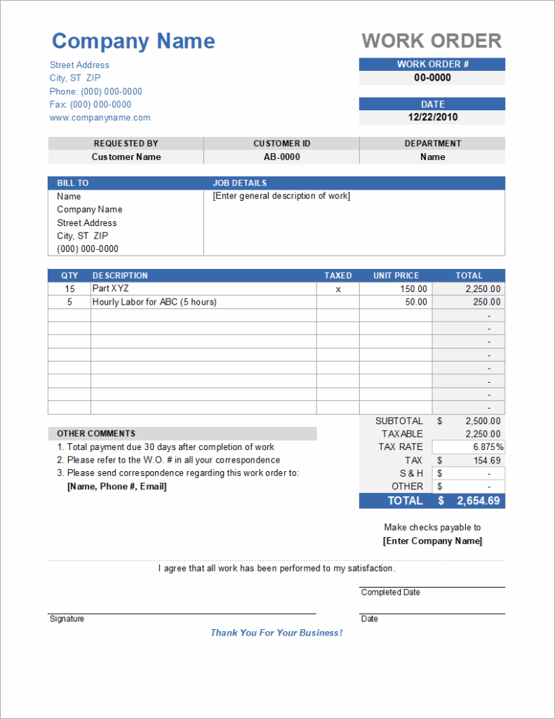 Custom Work Order Form (Excel)