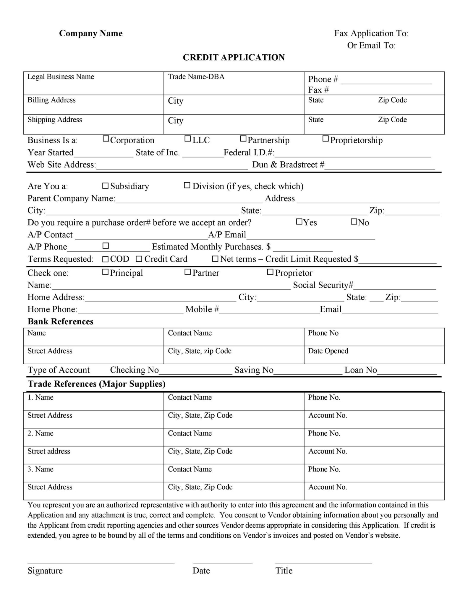 Printable Customer Credit Application Form