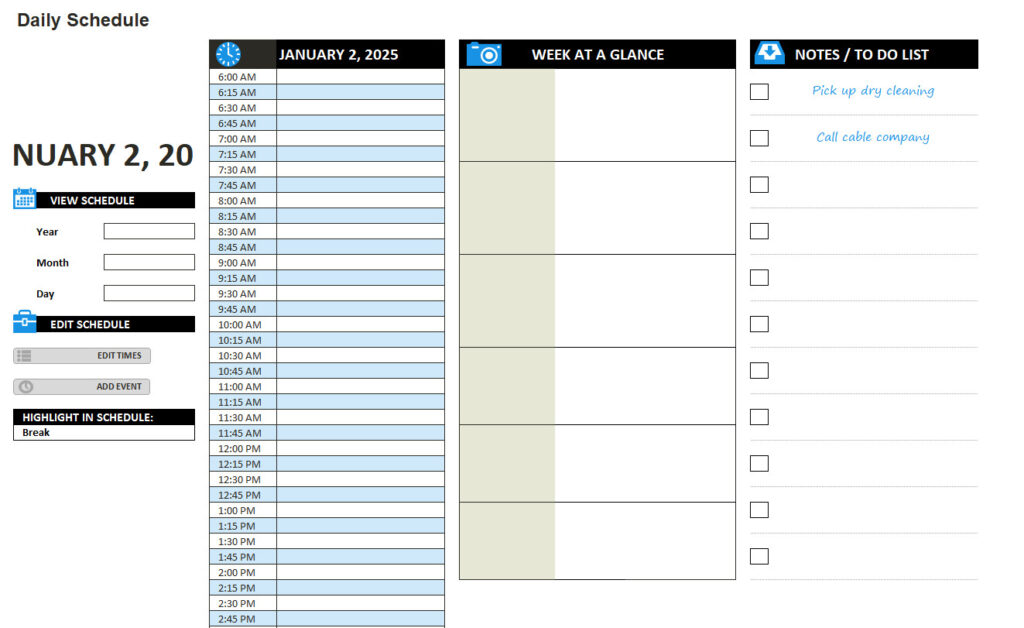 Printable Daily Work Schedule Template