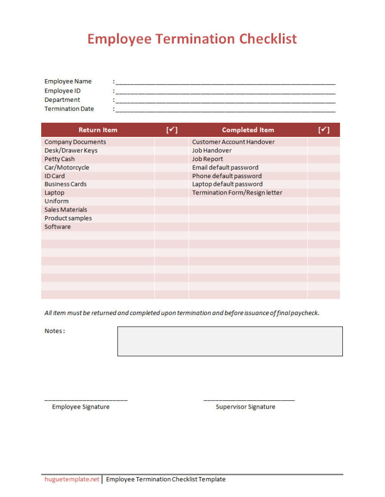 Employee Termination Checklist Template