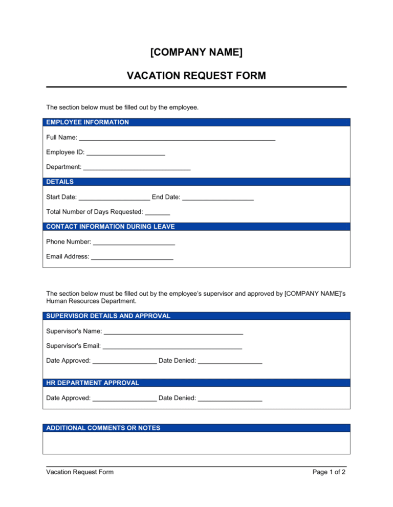 Printable Employee Vacation Request Form
