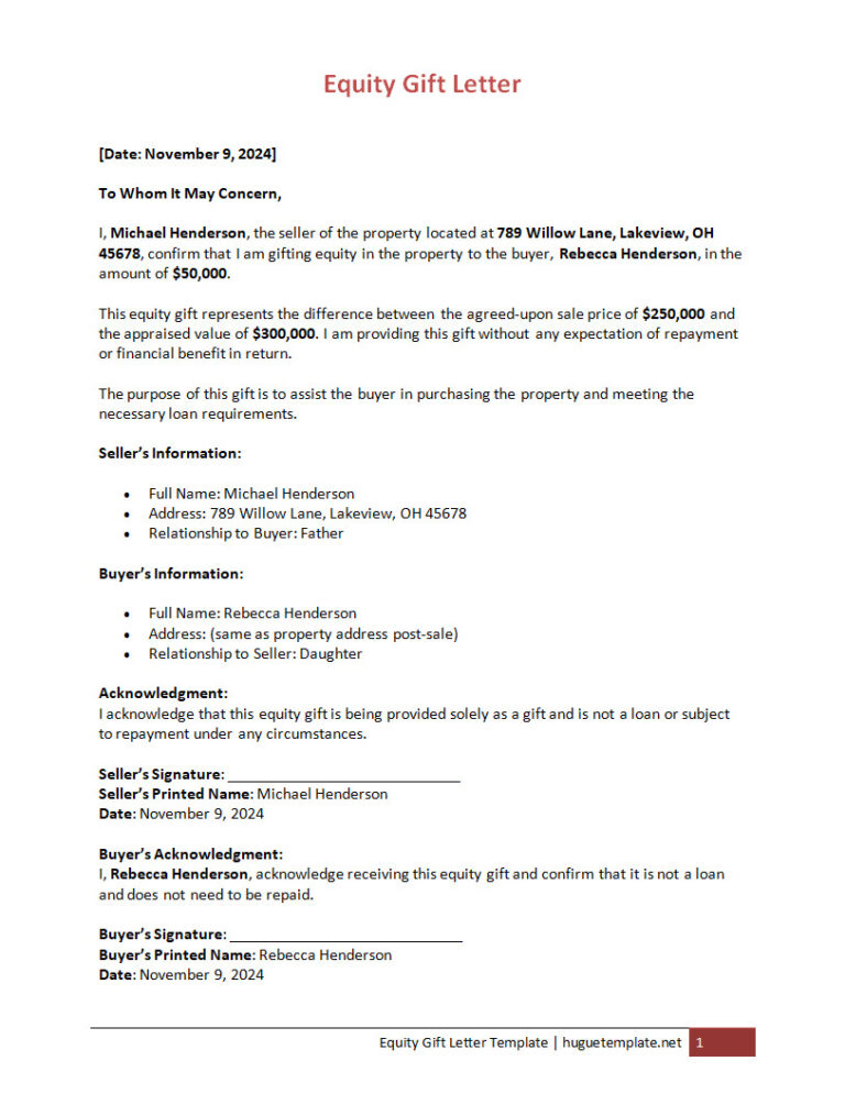 Printable Equity Gift Letter Template