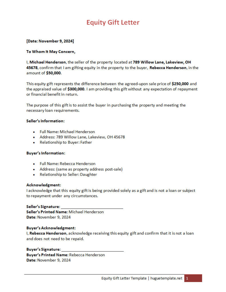 Printable Equity Gift Letter Template