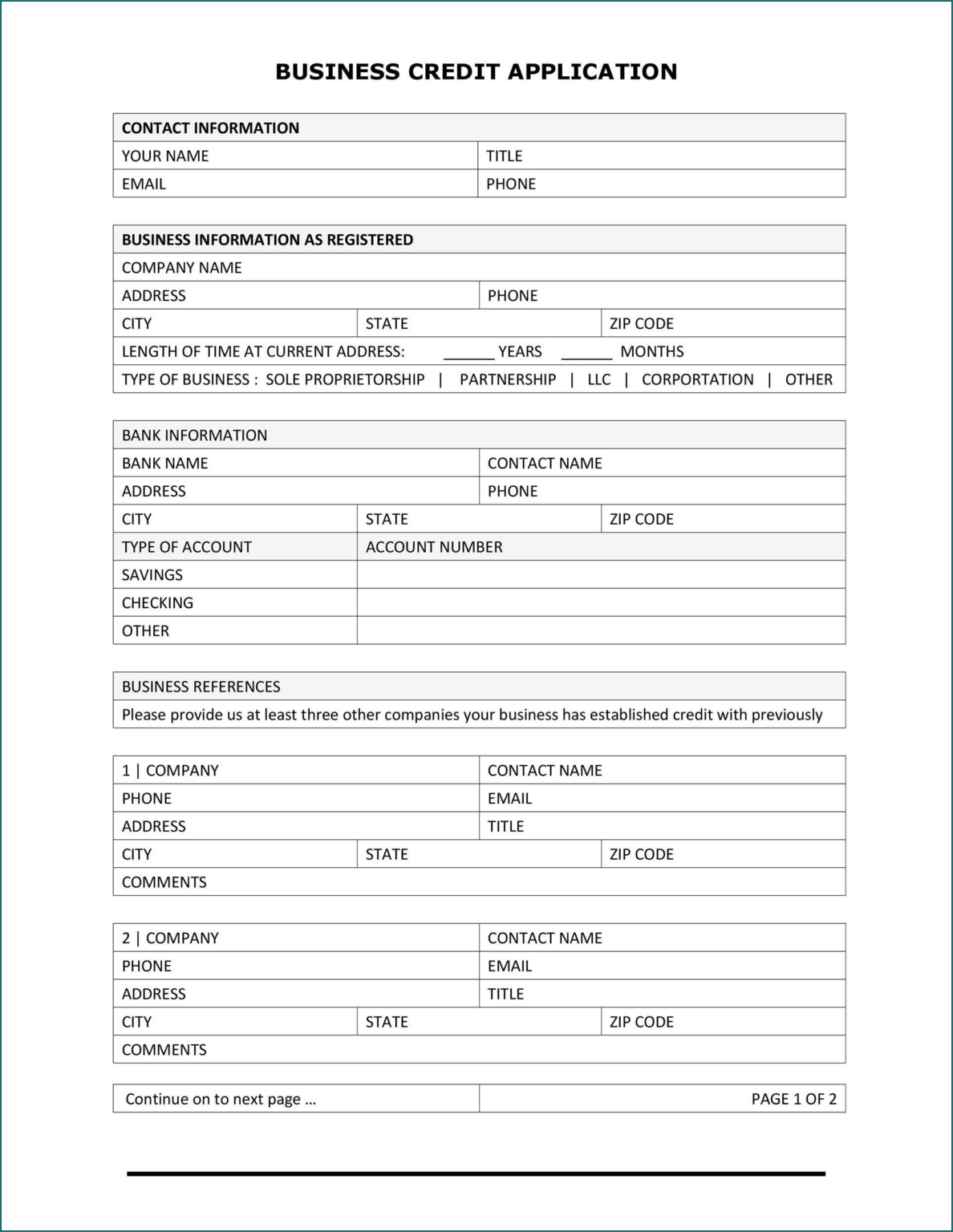 Printable Business Credit Application Template