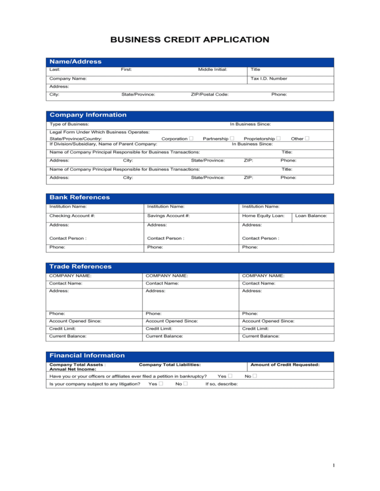 Printable Commercial Credit Application Form
