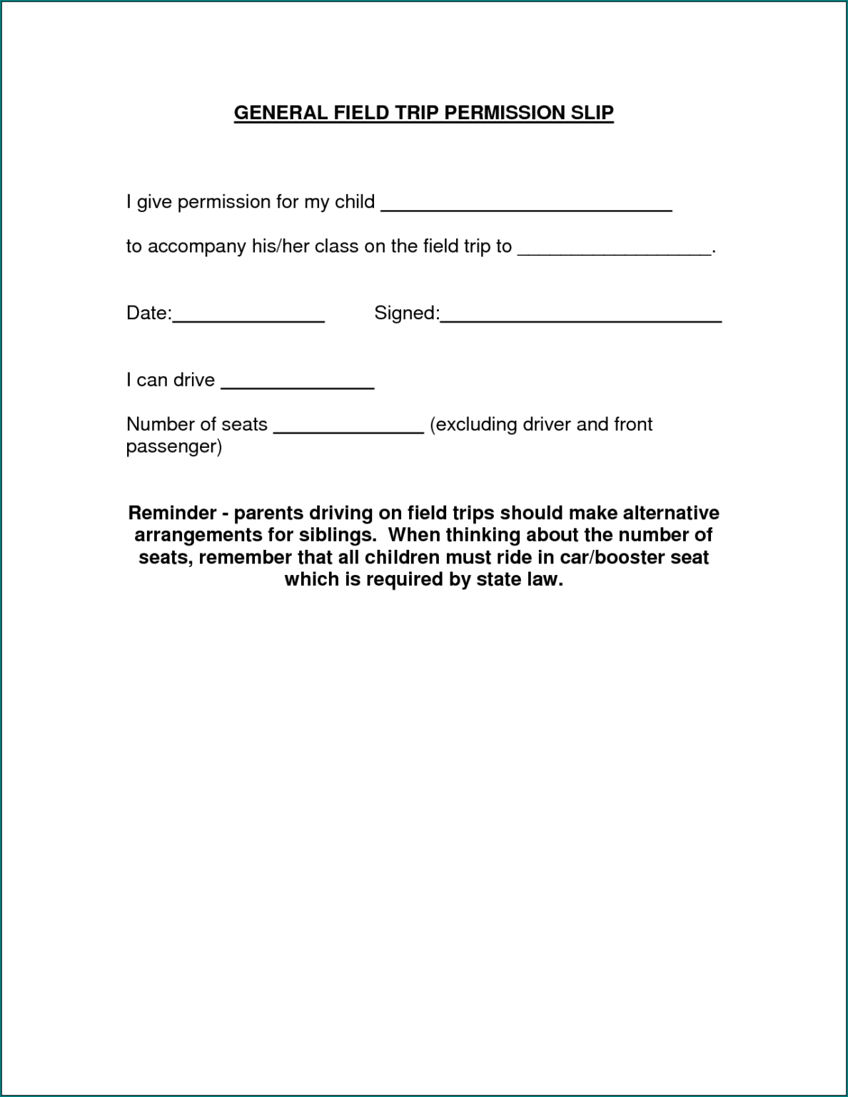 Permission Slip Template for School Trip