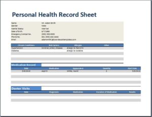 Personal Medical Health Record Sheet Template