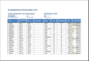 Warehouse Inventory List Template