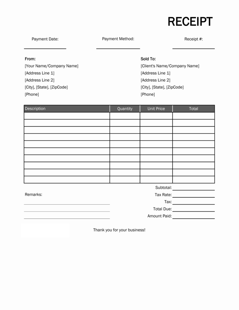 Printable Training Receipt Template