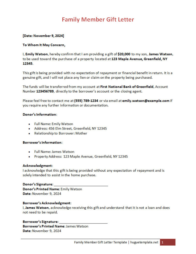 Family Member Gift Letter Template