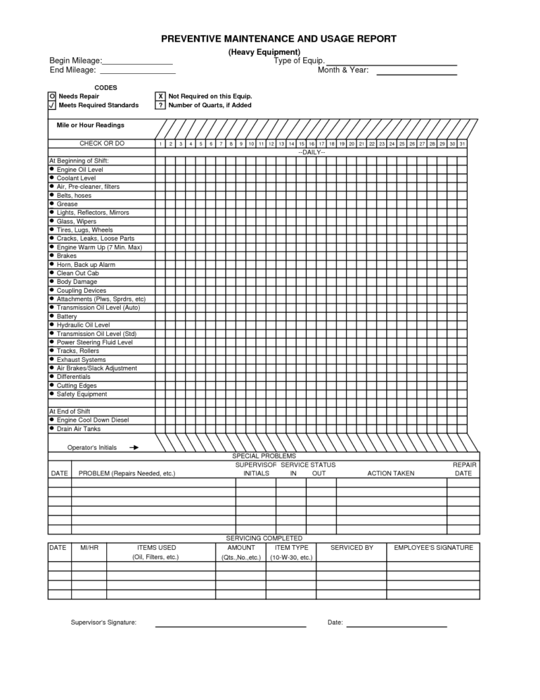 Heavy Equipment Maintenance Log Template