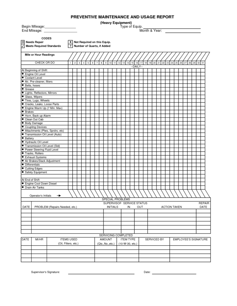 Heavy Equipment Maintenance Log Template