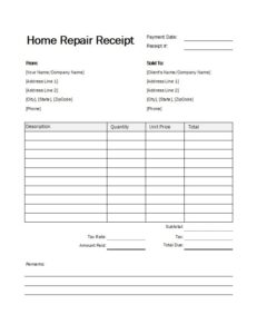 Printable Home Repair Receipt Template