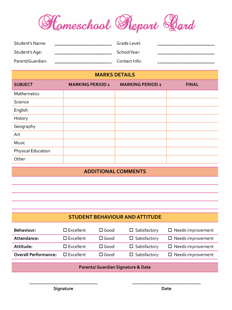 Printable Homeschool Report Card Template
