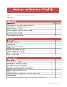 Kindergarten Readiness Checklist Template
