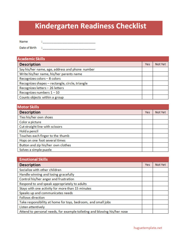 Kindergarten Readiness Checklist Template