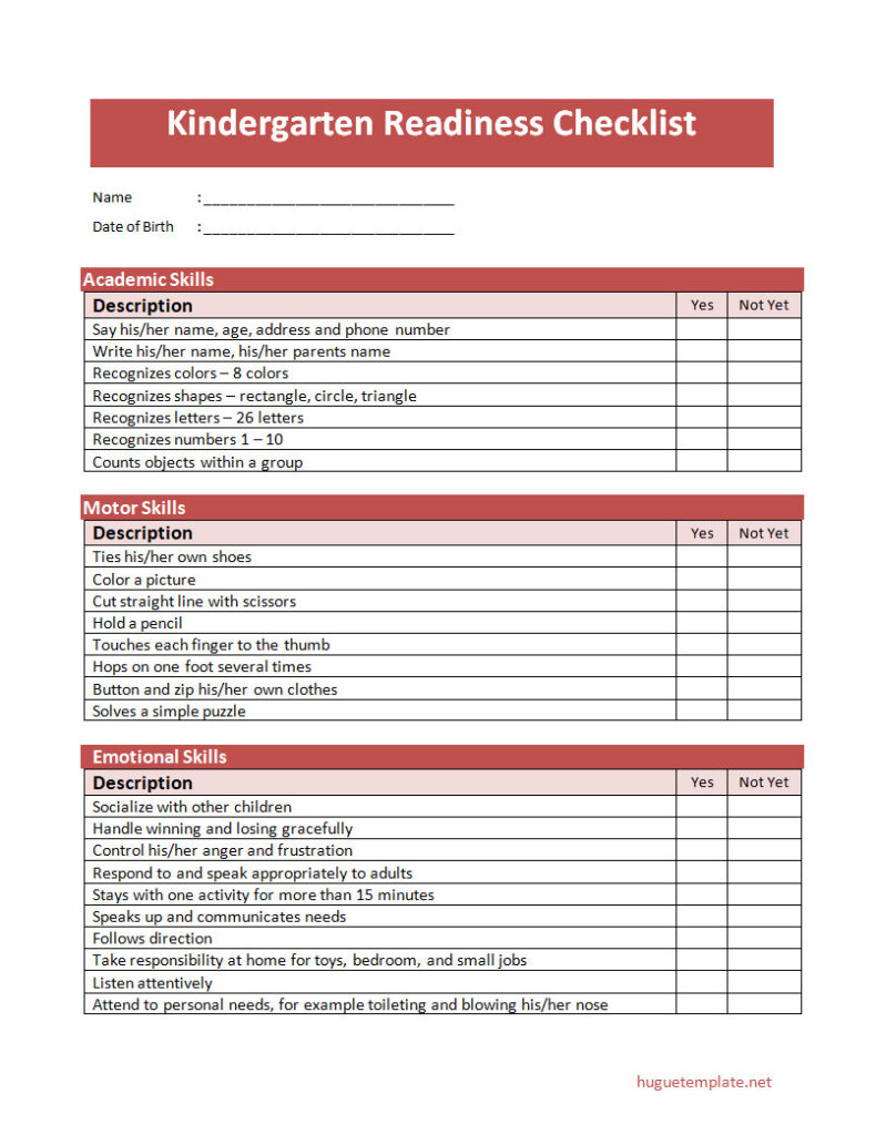 Kindergarten Readiness Checklist Template