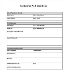 Printable Maintenance Work Order Form