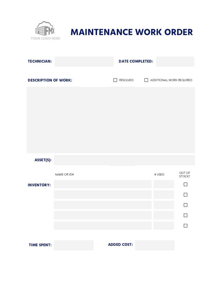 Printable Maintenance Work Order Form