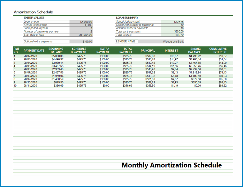 Monthly Amortization Schedule Template