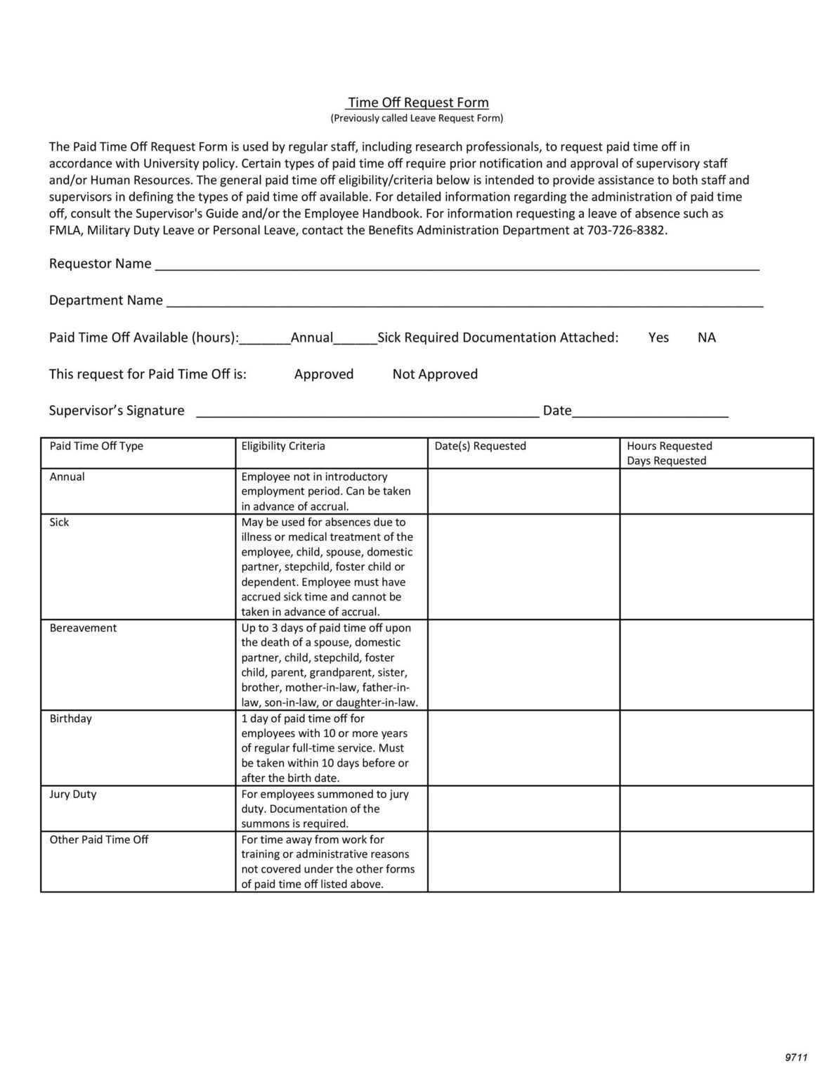 Printable Paid Time Off Request Form
