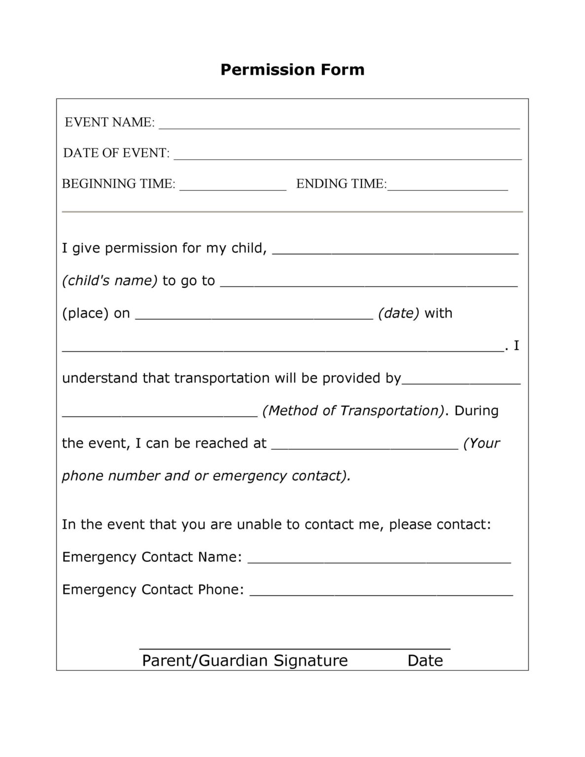 Printable Parent Permission Form