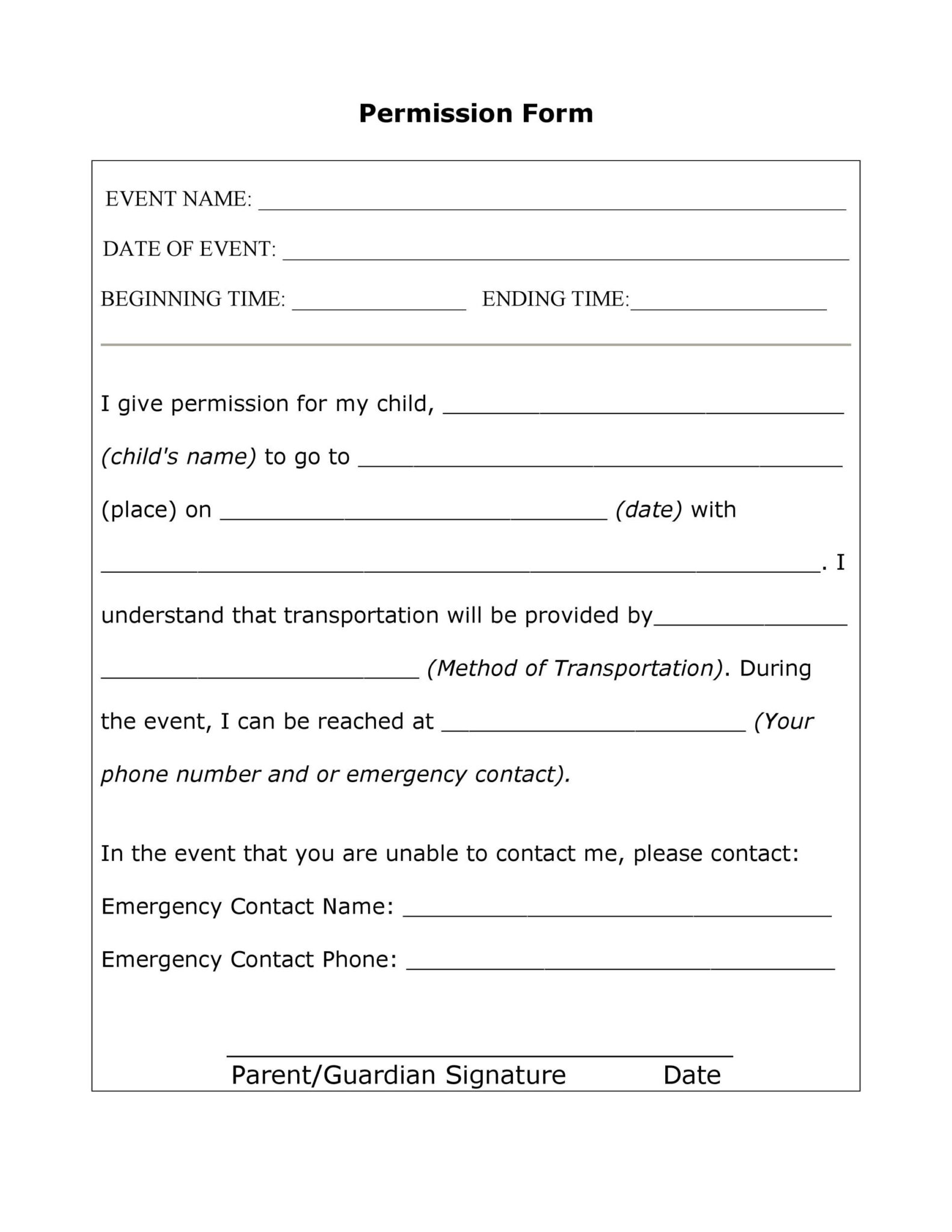 Printable Parent Permission Form