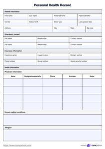 Personal Medical Health Record Sheet Template