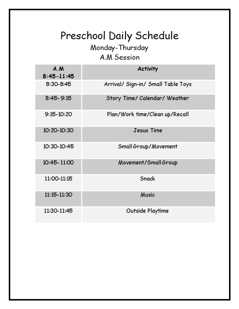 Free Printable Preschool Schedule Template
