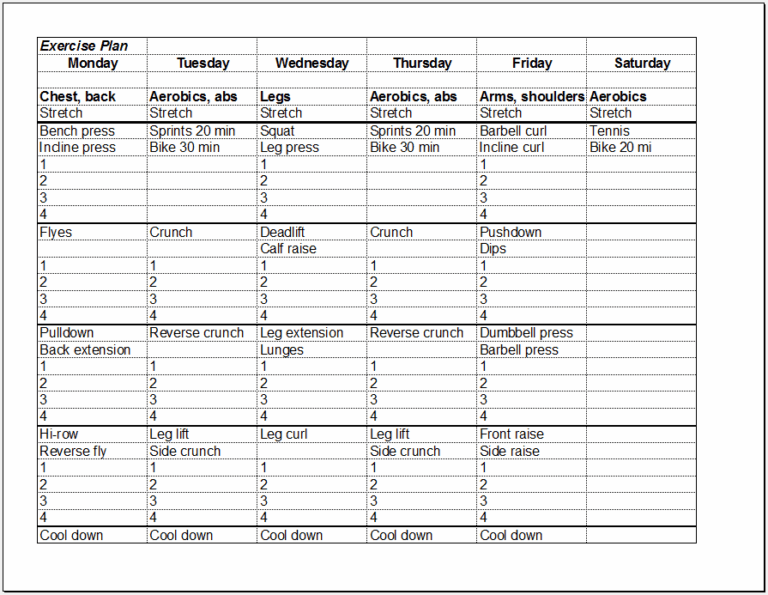 Free Printable Fitness Schedule Template