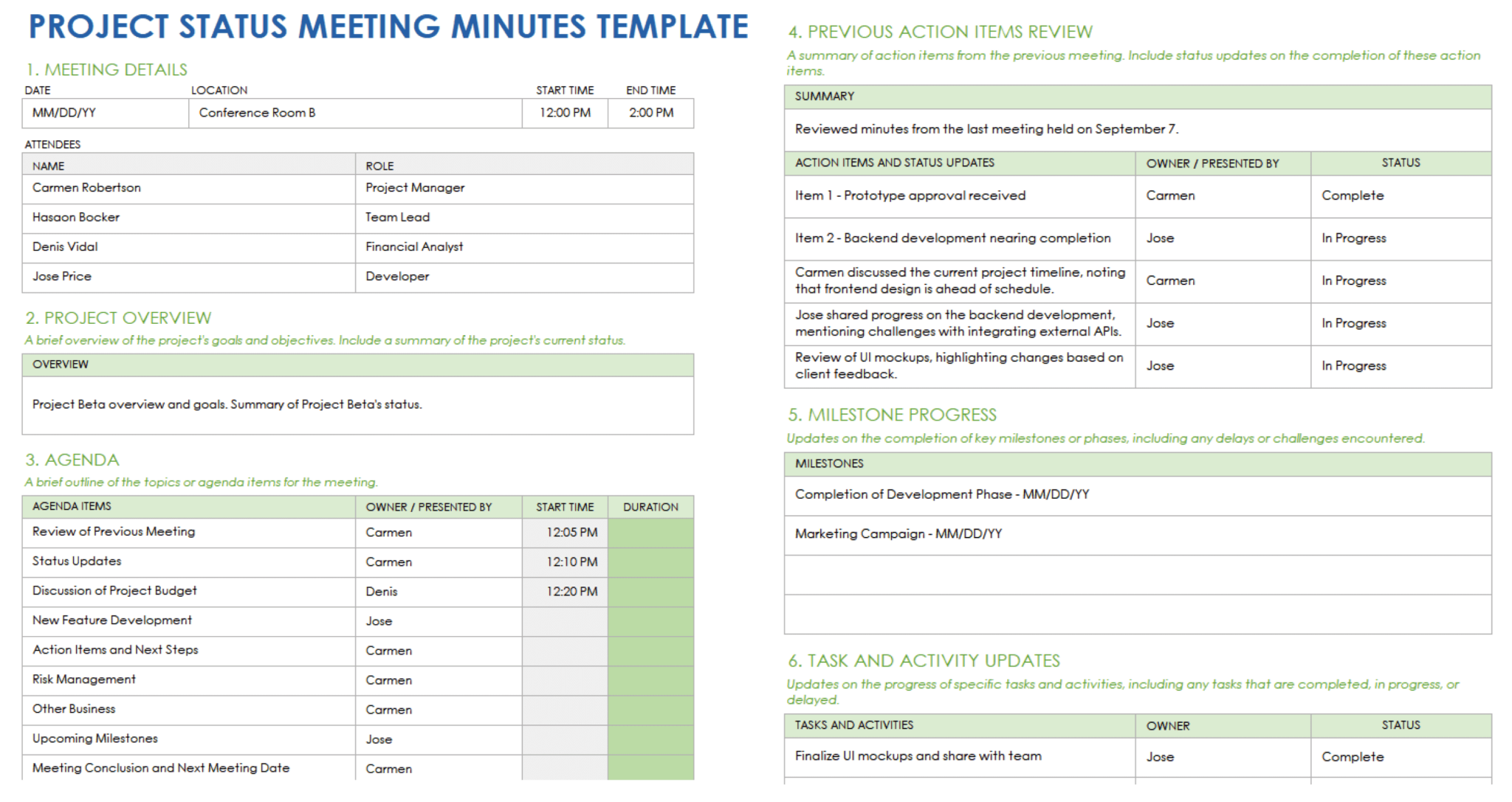 Printable Project Meeting Minutes Template