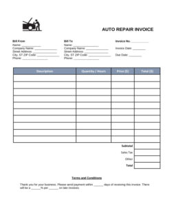 Printable Auto Repair Receipt Template