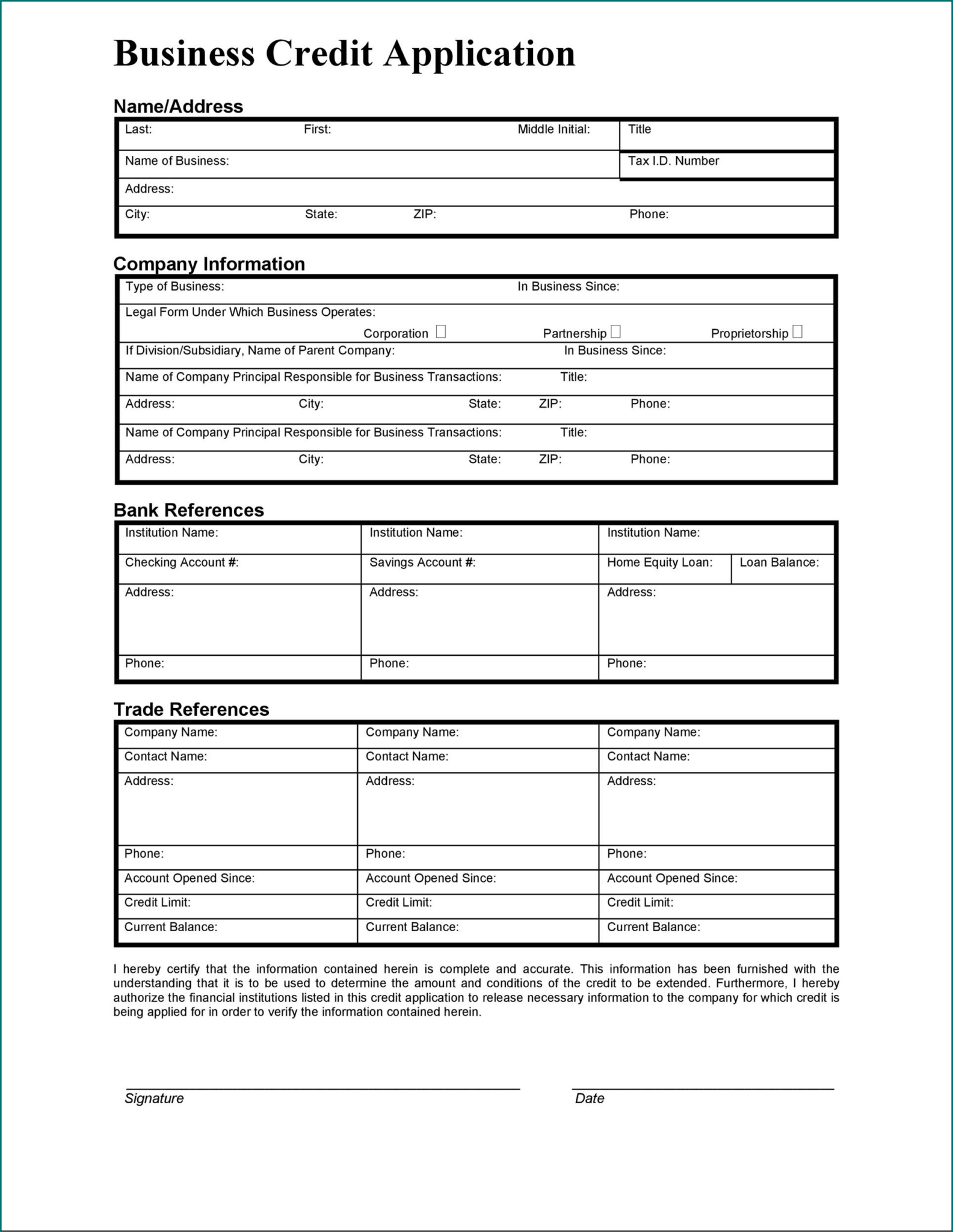 Printable Business Credit Application Template