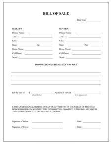 Printable Generic Bill of Sale Template