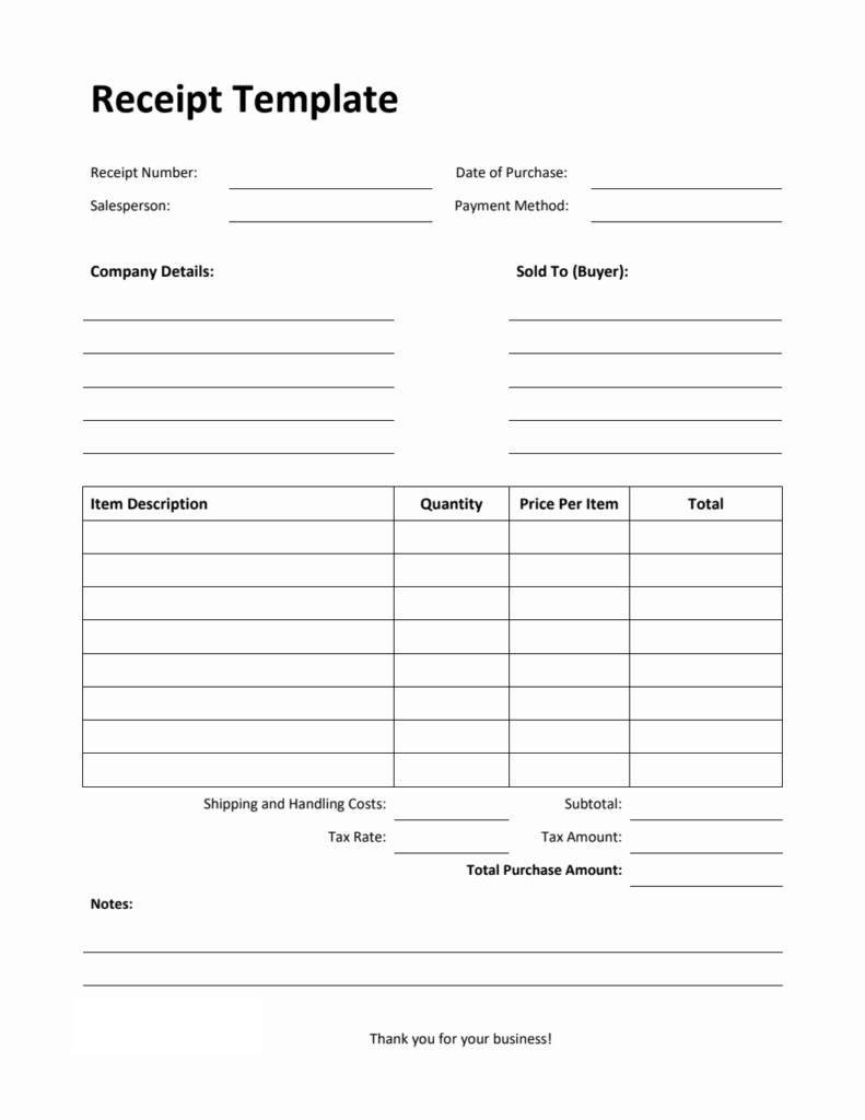 Printable Training Receipt Template