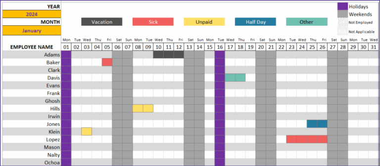 Customizable Vacation Schedule Template