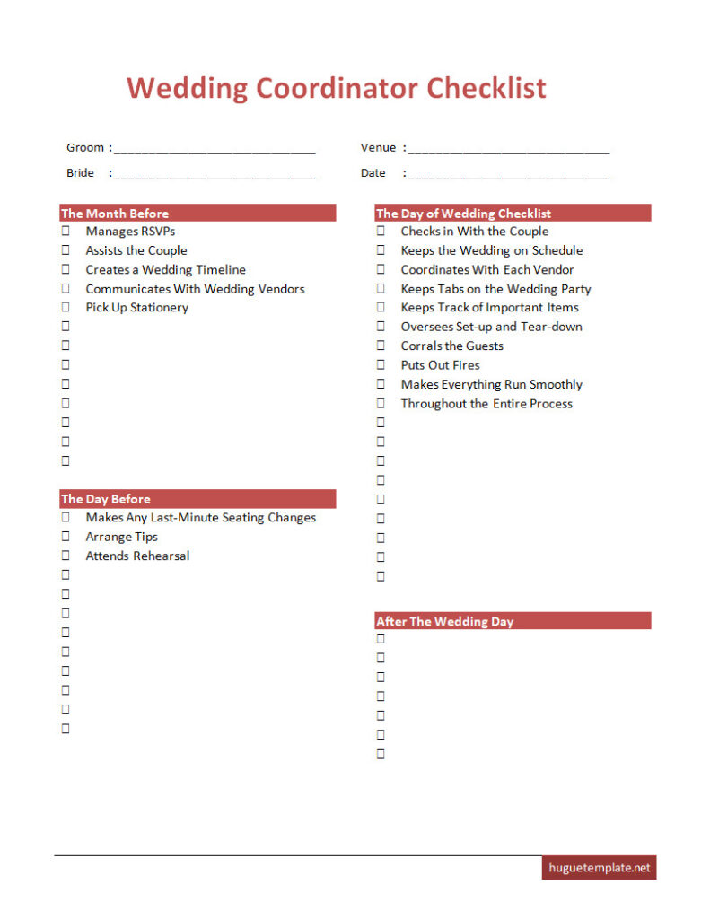 Wedding Coordinator Checklist Template