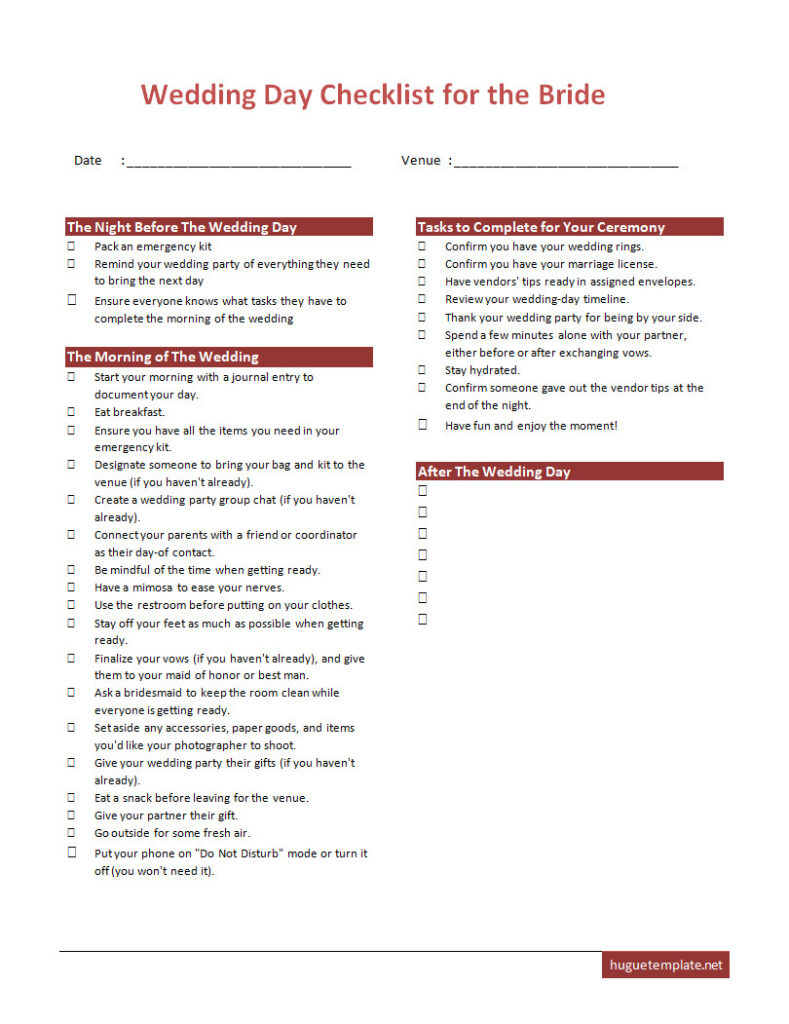 Printable Wedding Day Checklist for The Bride